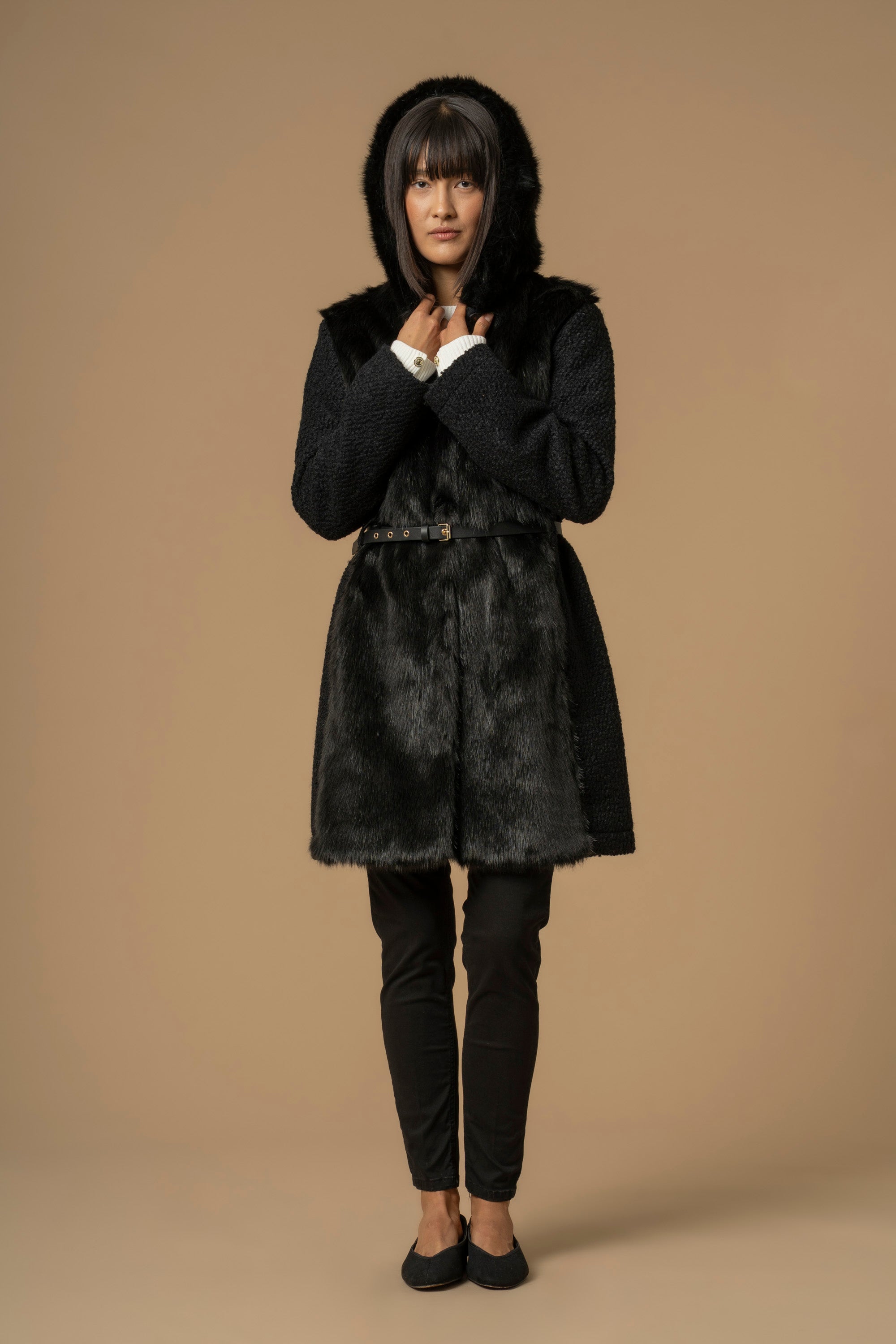 Chic faux fur three quarter length coat - Coat AUDE | Kocca